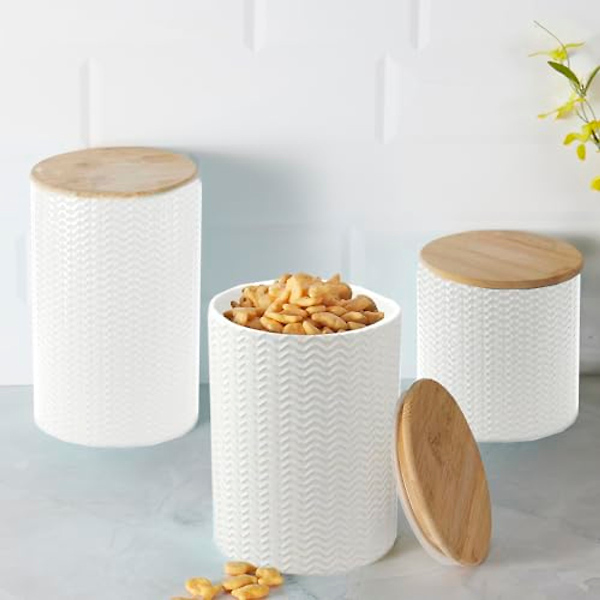 Home Basics Wave 3 Piece Ceramic Canister Set With Bamboo Tops, White