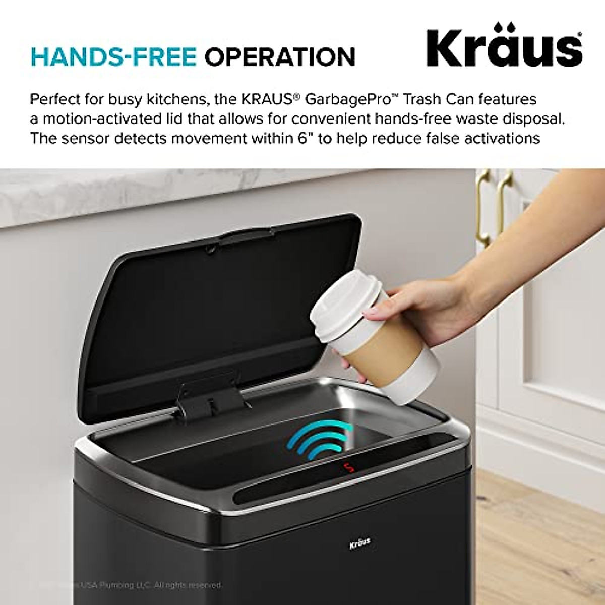 Kraus KTCS-10MB GarbagePro Rectangular 13 Gallon Hands-Free Motion Sensor Trash Can Battery Operated in Matte Black Finish with SoftShut Touchless Lid