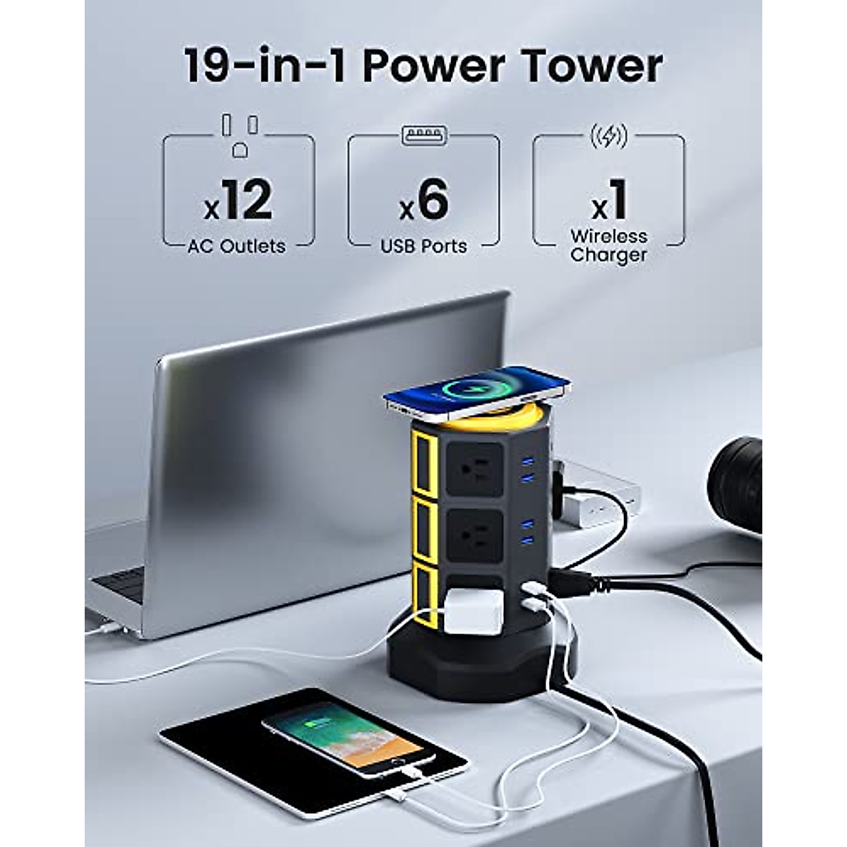 Power Strip Tower, SUPERDANNY Surge Protector Tower with 15W Magnetic Wireless Charger, 1050J, 13A Charging Station with 12 AC Outlets & 6 USB Ports, 6.5ft Extension Cord for Home Office, Gold
