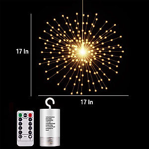 PXBNIUYA 200LED Hanging Sphere Lights, Battery Operated Starburst Lights, 8 Modes Dimmable Remote Control, Waterproof Fairy Lights, Copper Wire Lights for Indoor Outdoor Christmas Decor (Warm White)