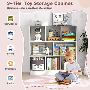HONEY JOY Kids Toy Storage Organizer, 8-Section Wooden Floor Storage Cabinet, 41” Daycare Toy Chest, 3-Tier Kids Display Bookshelf for Classroom, Playroom & Nursery, Kindergarten (White)