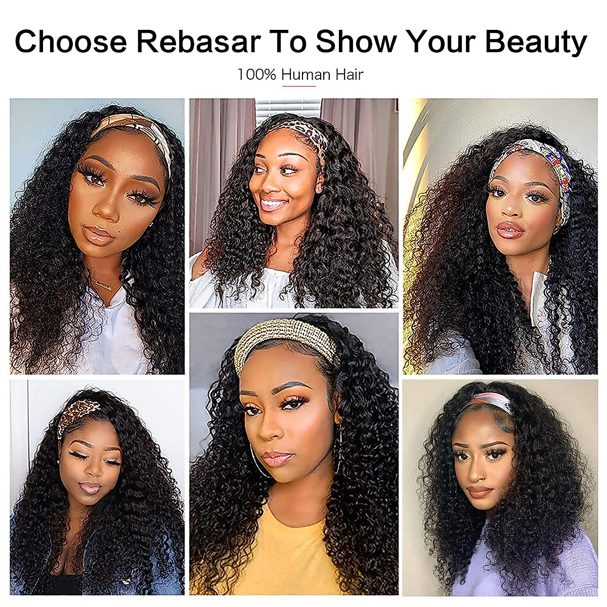 Rebasar Deep Wave Headband Wig Human Hair 14 Inch Curly Headband Wigs for Black Women Human Hair Glueless None Lace Front Wig Brazilian Virgin Hair Wear and Go Wigs 150% Density Natural Black Color