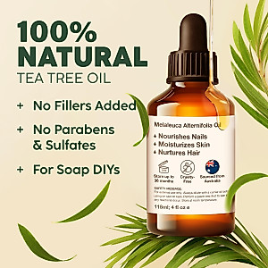 Kukka Tea Tree Oil for Skin, Hair & Toenails - 4 Fl Oz - 100% Pure Natural Tea Tree Essential Oil Made from Australian Melaleuca for Potency - Used in General Wellness, Aromatherapy & DIY Soap Making
