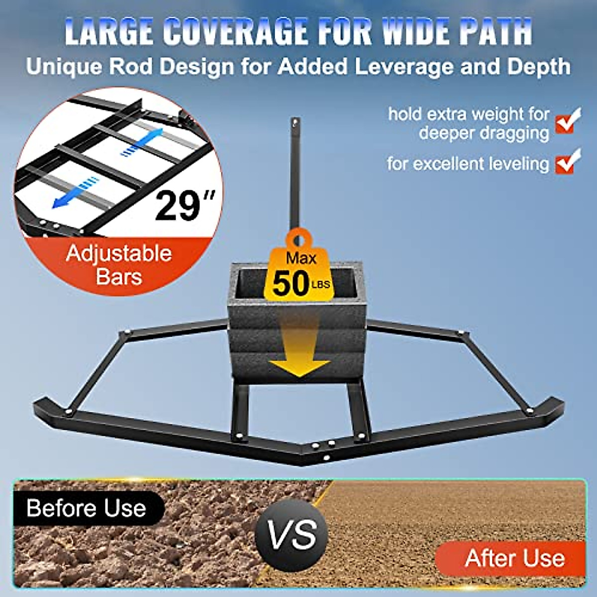 VEVOR Driveway Drag 66" Width, Tow Behind Drag Harrow 35" Length, 4" Height, Driveway Tractor Harrow with 2 Adjustable Bars, Heavy Duty Steel, Driveway Grader for ATV, UTV, Garden Lawn Tractors