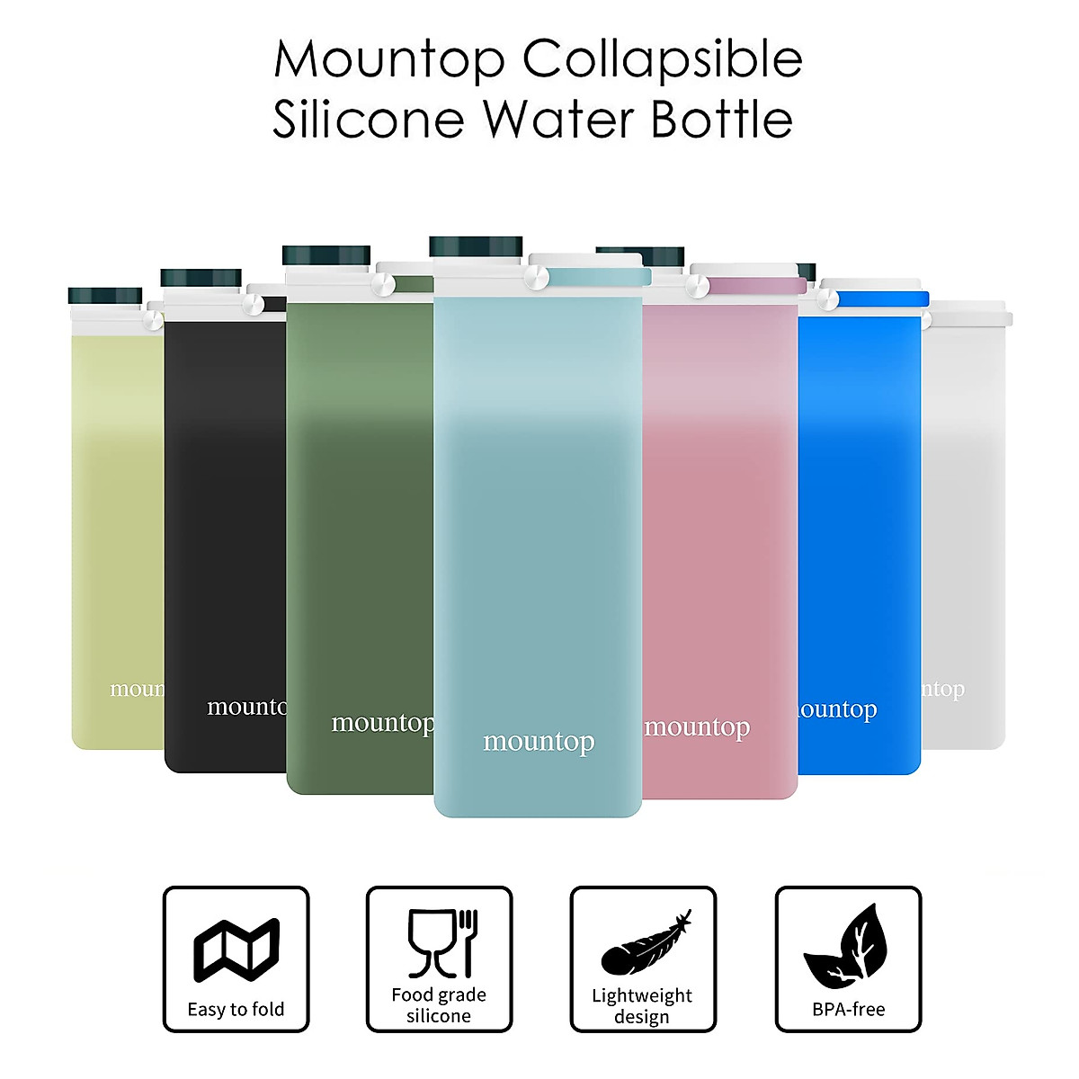 mountop Collapsible Water Bottle, Portable Food Grade Silicone Foldable Travel Reusable Leak Proof Water Bottles for Traveling Running Fitness BPA Free, 20oz, Blue