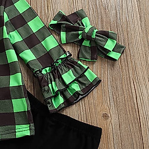 Infant Toddler Baby Girl St Patrick's Day Outfits Ruffle Sleeve Plaid Top Green Clover Blouse Bowknot Pants Set (Green, 4-5 Years)