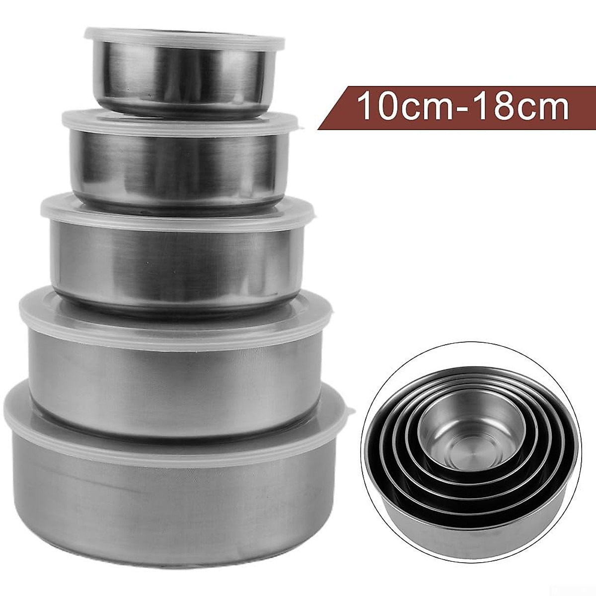 Cloudpower 5 Pcs Stainless Steel Food Storage Containers With Plastic Lids, Leakproof Stainless Steel Lunch Box Containers, Deep Size Bowls