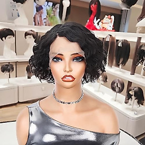 WIGER Short Lace Front Wigs Human Hair for Women Short Curly Bob Wig Black Wavy Lace Wig Black Pixie Cut Wig Brazilian Virgin Human Hair Curly Wigs 180% Density Side Part