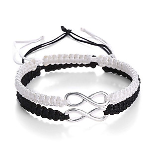 MJartoria Couples Bracelets, Personalized Matching Bracelets for Couples His and Hers, Sign Handmade Rope Braided Rhinestone, Stainless Steel BFF Bracelets for 2 (White)