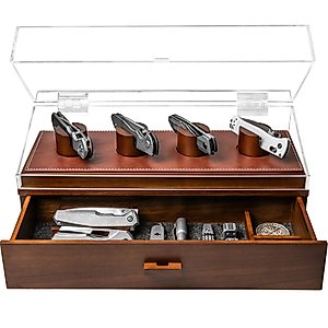 Showcase Your Knives with The Knife Deck Pro – Premium Pocket Knife Display Case for 6 Knives – Easy Access & Leather Lining – Drawer for Accessories – Wooden Pocket Knife Holder – Lifetime Assurance