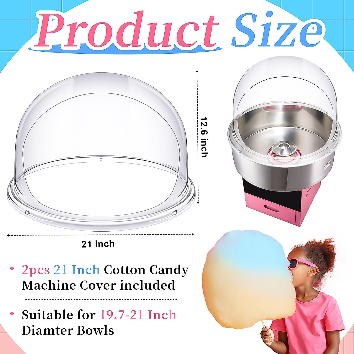 Zhehao 2 Pcs 21 Inch Cotton Candy Machine Cover Dome Bubble Cover Cotton Candy Machine Machine Accessories for Commercial Candy Floss Maker, Clear