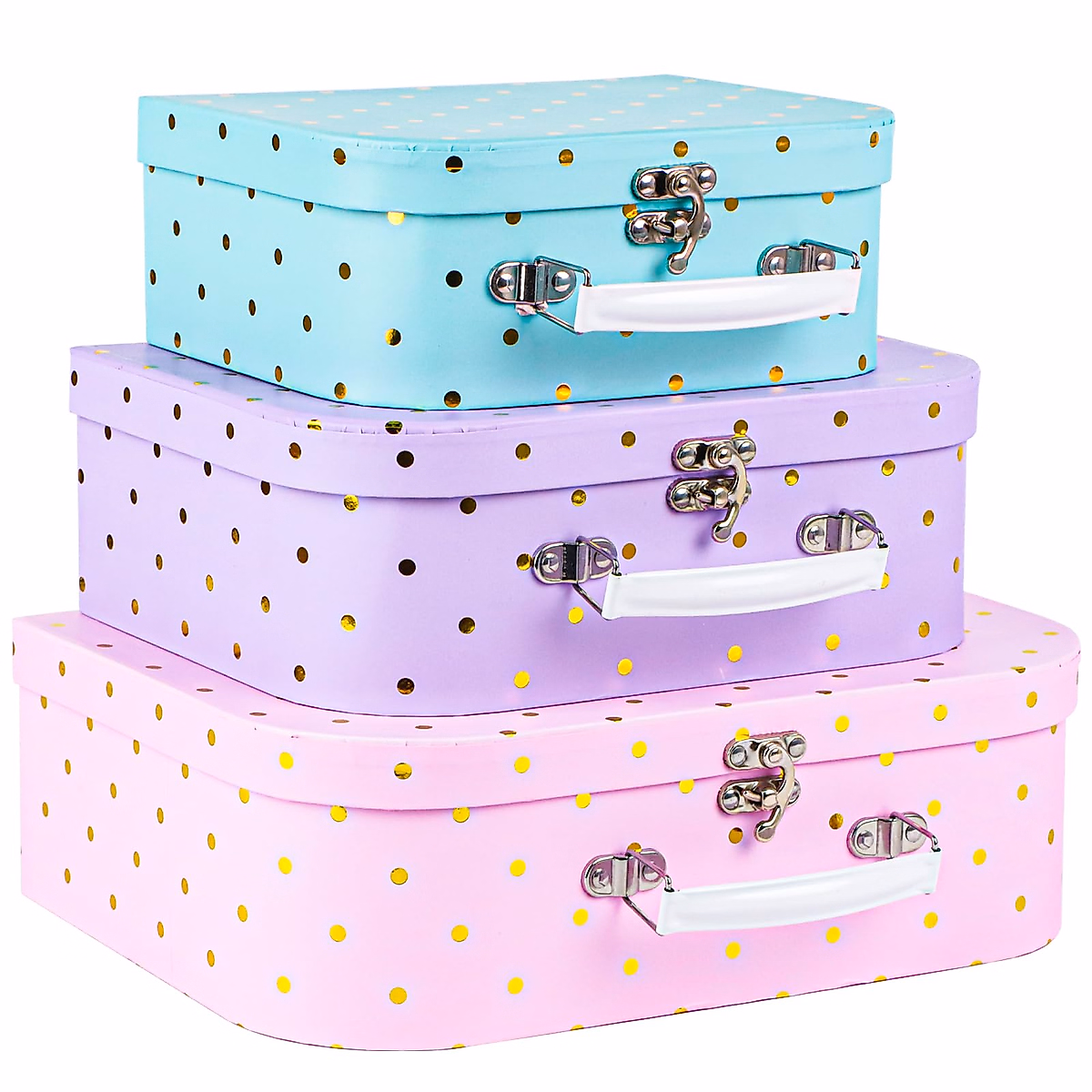 Eazy2hD Paperboard Suitcases, Set of 3 Decorative Storage Boxes Gift Boxes With Lids for Photo Storage Home Decoration, Birthday, Weddings, Anniversary - Mini Cardboard Suitcase - Gold Foil Polka Dots