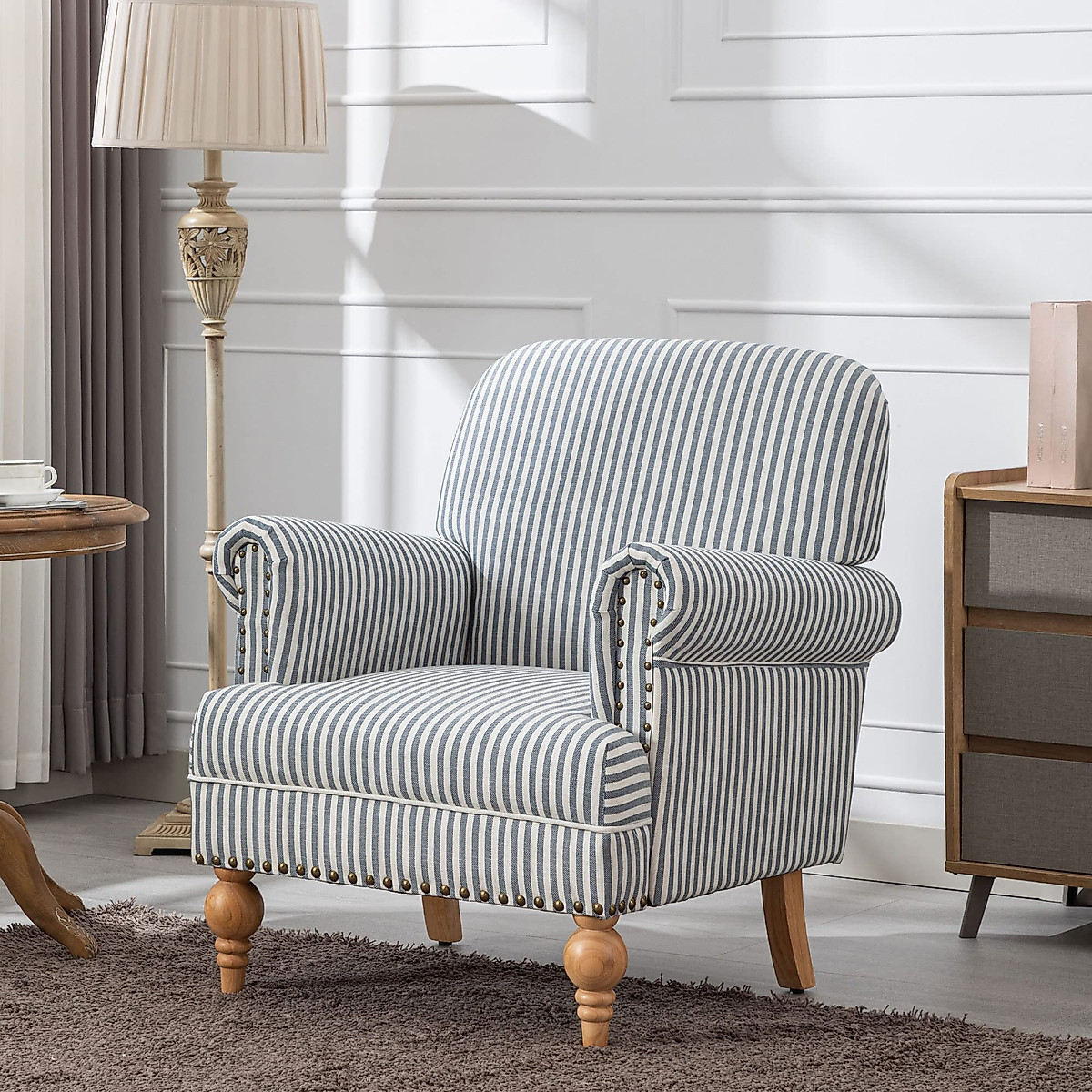 DM Furniture Mid Century Modern Accent Chair Linen Fabric Armchair Wide Reading Chairs Upholstered Lounge Chair for Bedroom/Living Room/Reception Room, Blue Stripe