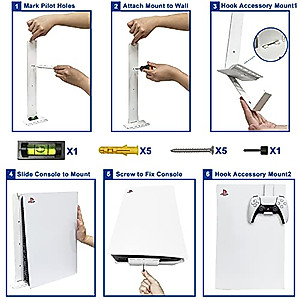 PS5 Wall Mount for Playstation 5 Disc Edition and Digital Edition (Mount The Console on Wall Near or Behind TV with Invisible Design), Including 2 Accessories Holders for Controller & Headset (White)