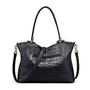 Black Leather Satchel Handbags for Women, Genuine Leather Crocodile Pattern Ladies Alligator Top-handle Bags with Adjustable Shoulder Straps Women's Tote Purses and Handbags Womens Casual Carryalls