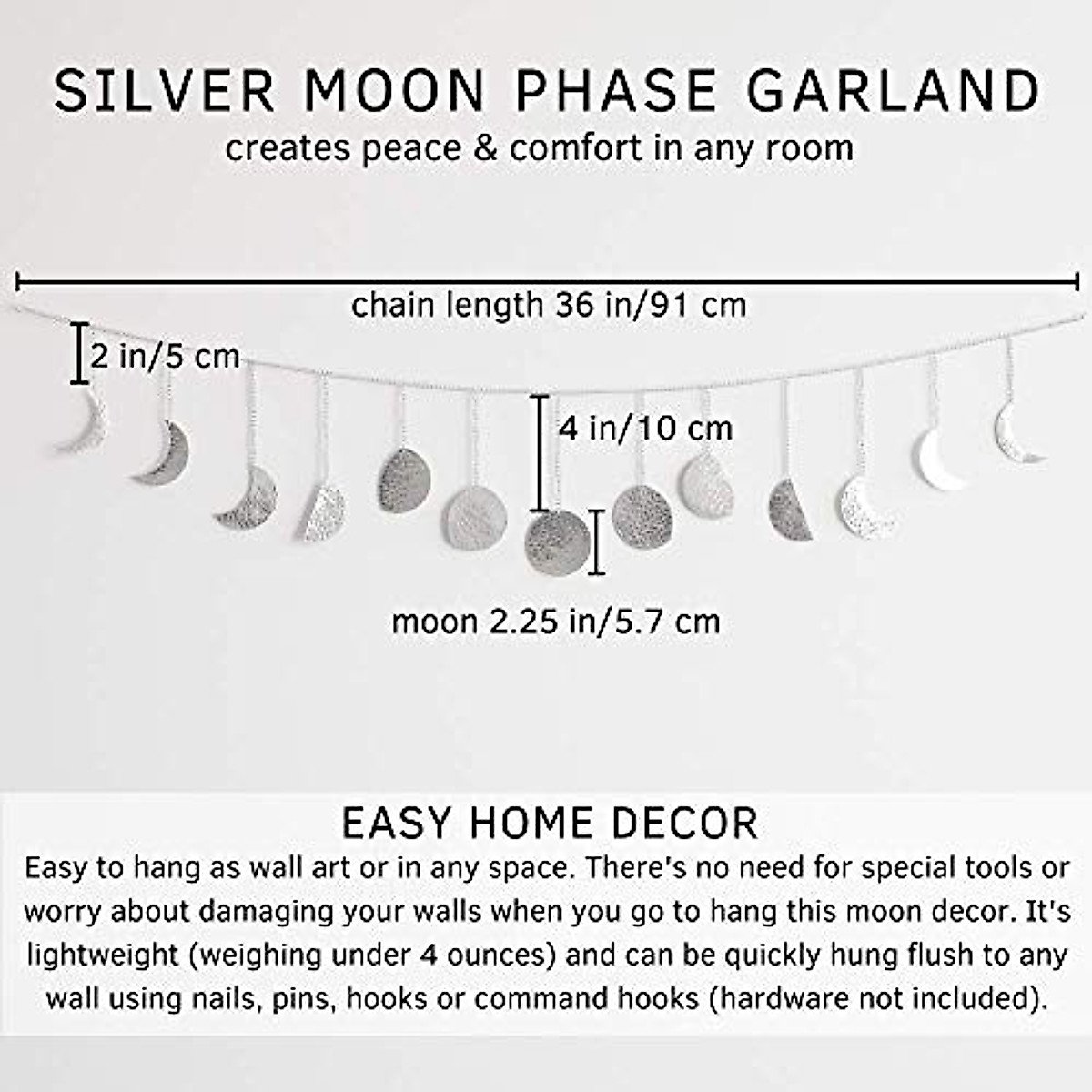 Moon Phase Wall Hanging, Handmade Hammered Silver Metal 13 Moons 36" Garland, Phases of the Moon Decorations, Celestial Lunar Art, Silver Garland Boho Decor for Bedroom Home Dorm Living Room Girl Gift