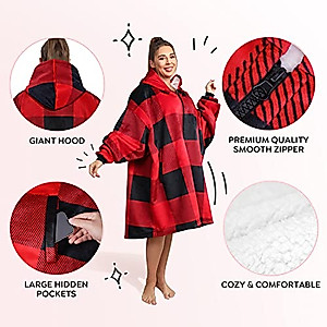 BALEINEHOME Oversized Wearable Blanket Hoodie, Thick Sherpa Fleece Super Warm Blanket Sweatshirt with Zippers and Giant Pocket, for Women and Men (Buffalo Check Red/Black, Zipper)