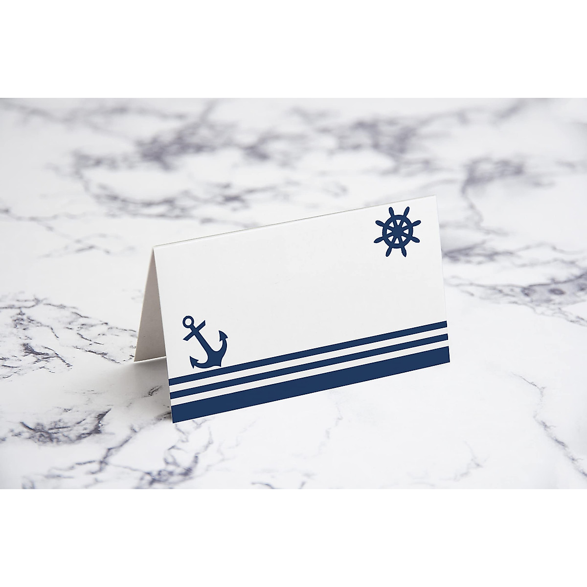 Nautical Place Cards - 25 Pack - Nautical Food Cards. Blue Anchor and Captain’s Wheel over Stripes Design, for Dinner Parties, Banquets, Cocktail Parties, Buffet. 2” x 3.5”. Scored for Folding.