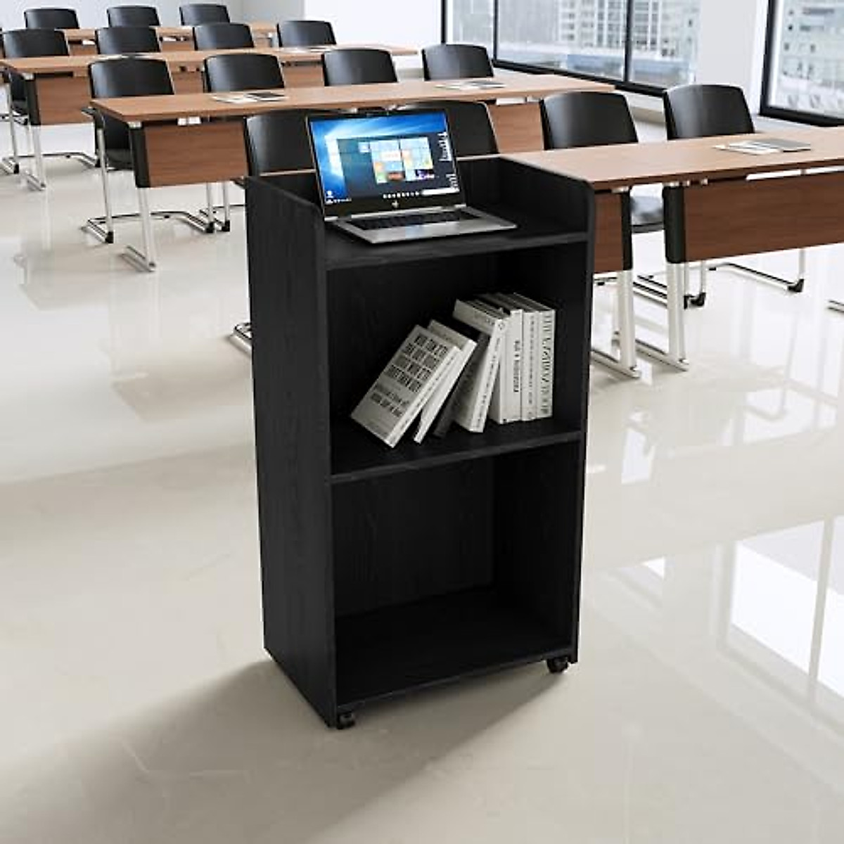 Podium - Portable Podium Stand, Hostess Stand with Wheels, Church Podium Reception Desk, Pulpits for Churches, Mobile Lectern Podium for Conference, Auditorium, Classroom, Adjustable Shelf, Black