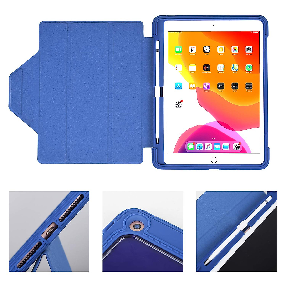 TopEsct Kids Case for iPad 9th/8th/7th Generation, Protective Case with Pencil Holder, Premium Silicone Shockproof Smart Cover Auto Wake/Sleep(Blue)