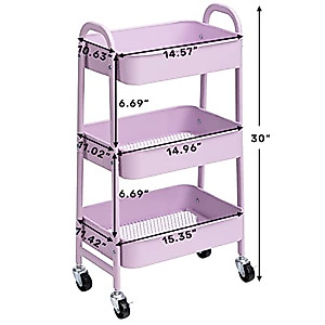 AGTEK Makeup Cart, Movable Rolling Organizer Cart, 3 Tier Metal Utility Cart with Lockable Wheels for Home & Office, Purple