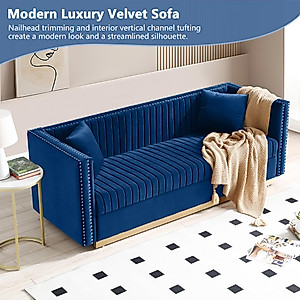 mikibama Luxury Velvet Sofa Set for Living Room, Modern Decor Furniture Channel Sofa Couch and Loveseat with Nailhead Gold Metal Legs and 4 Pillows for Bedroom, Hall, Blue
