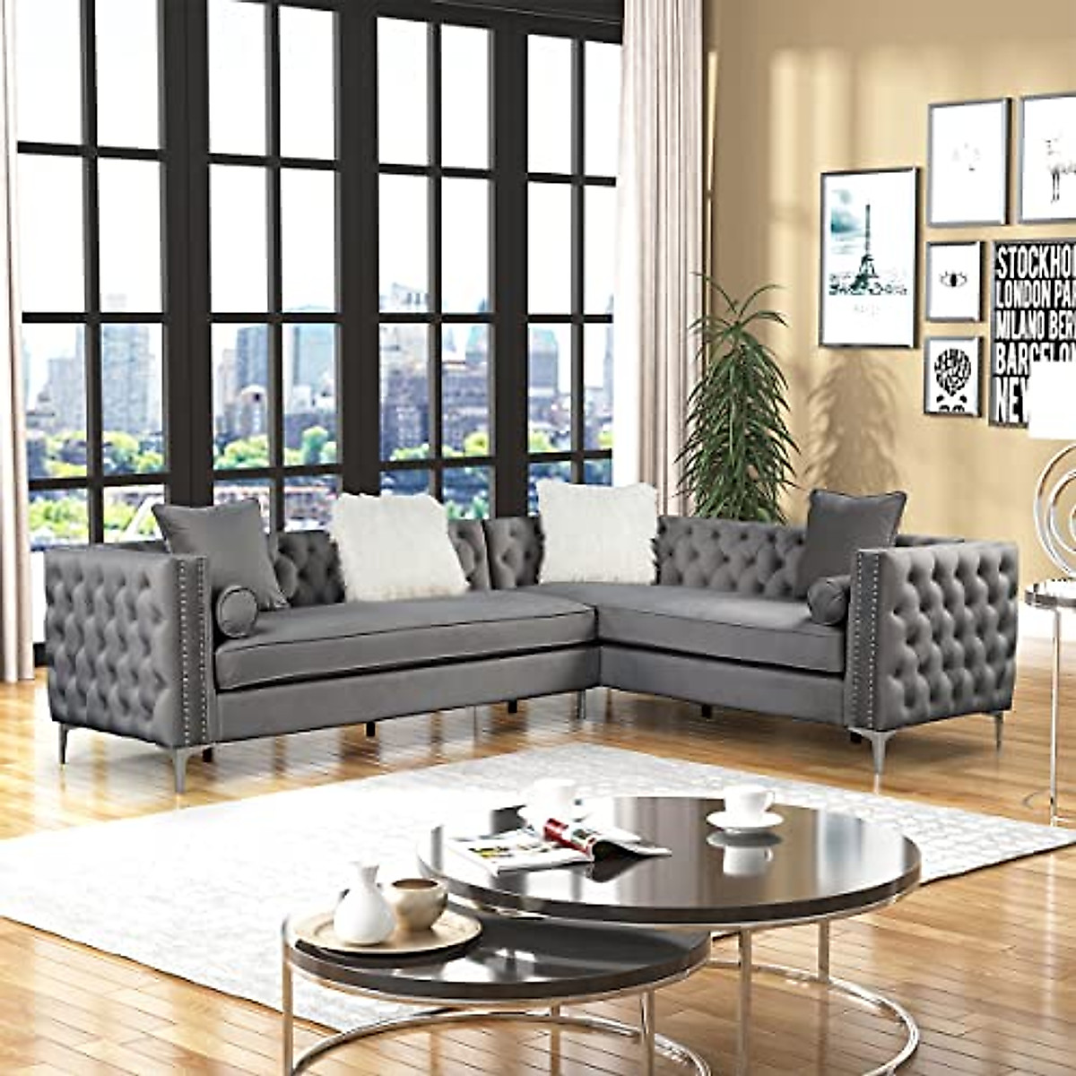 Morden Fort Tufted Velvet Couch Sectional Sofa Couches Mid Century Modern L-Shape Corner Sofa Set for Living Room, Bedroom, Office, Apartment