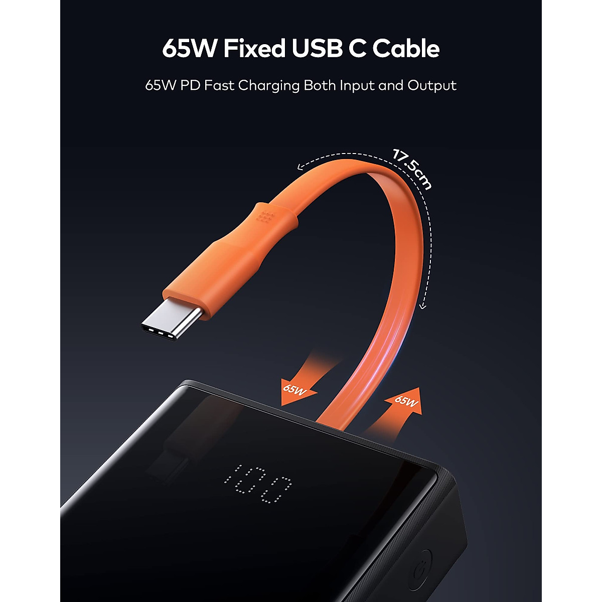 Baseus Powerbank 65 W for Laptop, 20000 mAh Power Bank USB C, Integrated USB-C Cable, External Battery QC 3.0 with 4 Outputs for Lenovo, HP, Dell, MacBook Pro, iPhone, Samsung