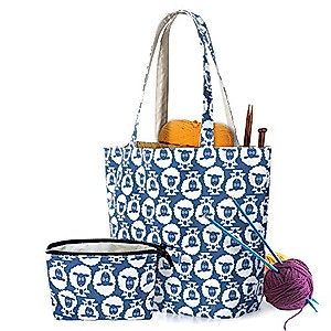 YARWO Knitting Bag with Small Zipper Pouch, Yarn Tote for Knitting Needles, Skeins of Yarn and Knitting Supplies On The Go, Sheep (Patented Design)