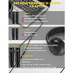 SOLMIMI Headphone Splitter 3.5mm TRRS Stereo Audio Y Splitter Braided 4-Pole Male to 2-Female Dual Headphone Jack Splitter Adapter for Headset PC Smartphone Xbox PS4 & More - Matte Black(1ft-30cm)