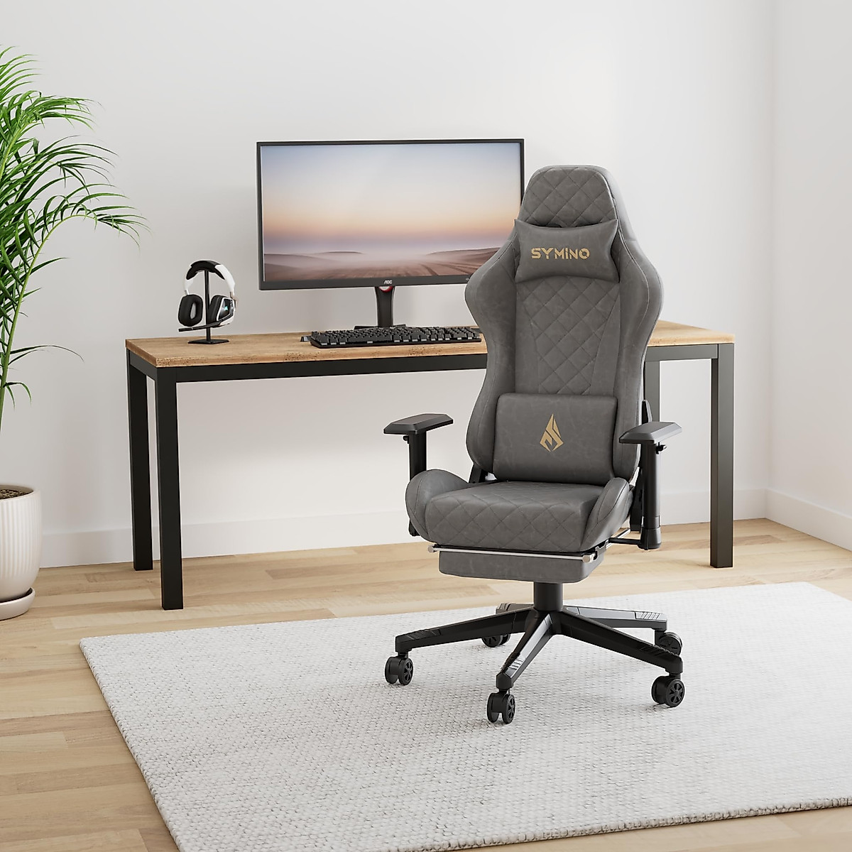 symino Gaming Chair Ergonomic Office Chair Racing Style Computer Chair with 3D Armrest, Vintage Style PU Leather PC Chair with Footrest (Grey)