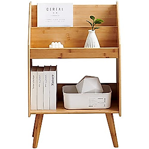 AbocoFur Bamboo Floor Book and Magazine Display Shelf, 20.67"(L) x10.63(W) x30.71(H), Multifunction Free Standing Organizer Storage Rack, Small Bookcase for Home, Office, Burlywood