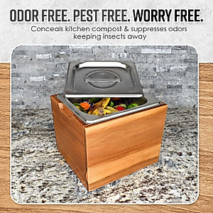 BelleMark Kitchen Compost Bin- Rust Proof Stainless Steel Insert, Countertop Compost Bin with Lid and Acacia Wood Box- Small Compost Bin Kitchen