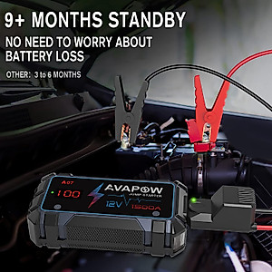 AVAPOW Car Jump Starter Battery Jumper Starter Portable Jump Boxes Car Battery Jump Starter Battery Pack with Jumper Cable 1500A for Vehicles (12V 7L Gas/5.5L Diesel Engine), LED Light/USB QC3.0
