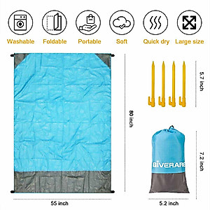 GIVERARE Sandfree Beach Blanket, Waterproof Picnic Blanket, Quick Drying Indoor&Outdoor Family Mat with 4 Stakes&4 Corner Pockets for Travel, Camping, Hiking, Music Festival