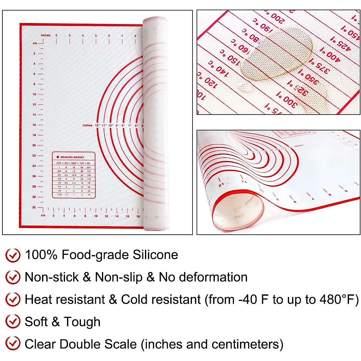 Silicone Pastry Mat Extra Large, 32" x 24" Non-stick Baking Mat with Measurement Kneading Board for Dough Rolling, Non-slip Counter Mat, Oven Liner, Fondant/Pie Crust Mat