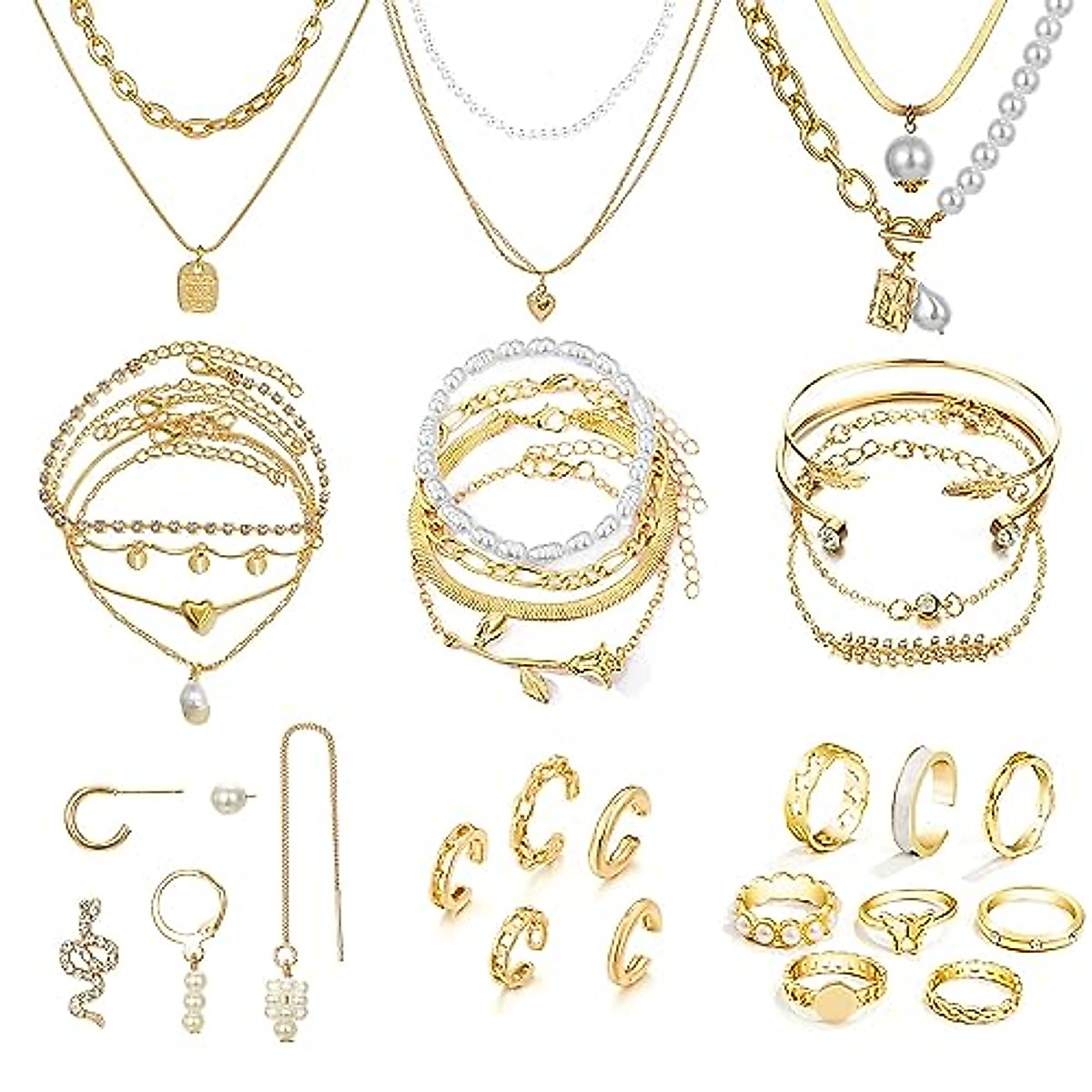 17IF 36 Pcs Gold Jewelry Set with 8 Pcs Rings, 6 Pcs Necklace, 12 Pcs Bracelet and 10 Pcs Earring Ear Cuff for Women Fashion Indie Costume Jewerly Pack for Anniversary Birthday Friendship MerryChristmas Party Gift