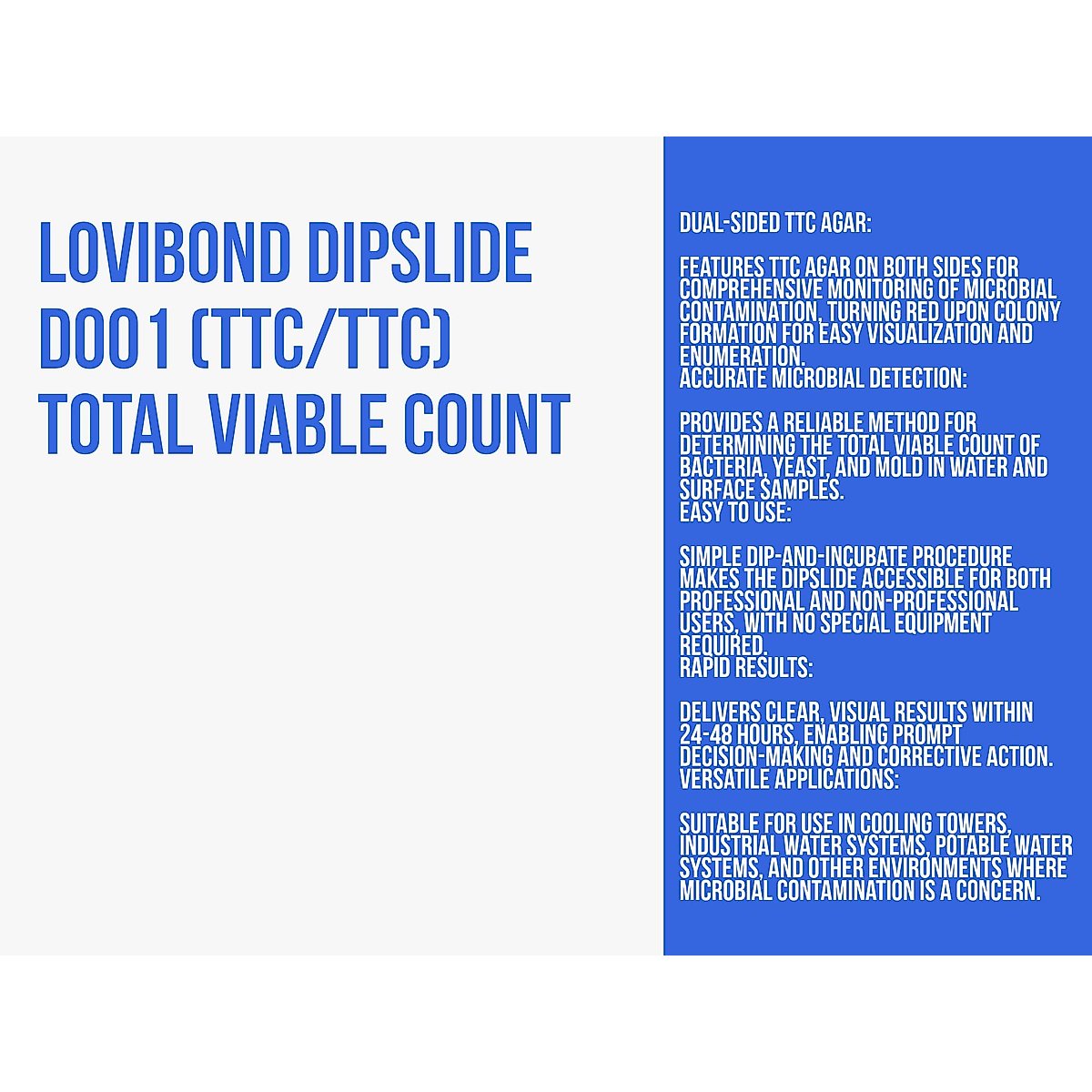 Lovibond 56B010110 Dipslide: D001 TTC/TTC, Total Viable Count (TVC) in Waters and Surfaces, 10/pk
