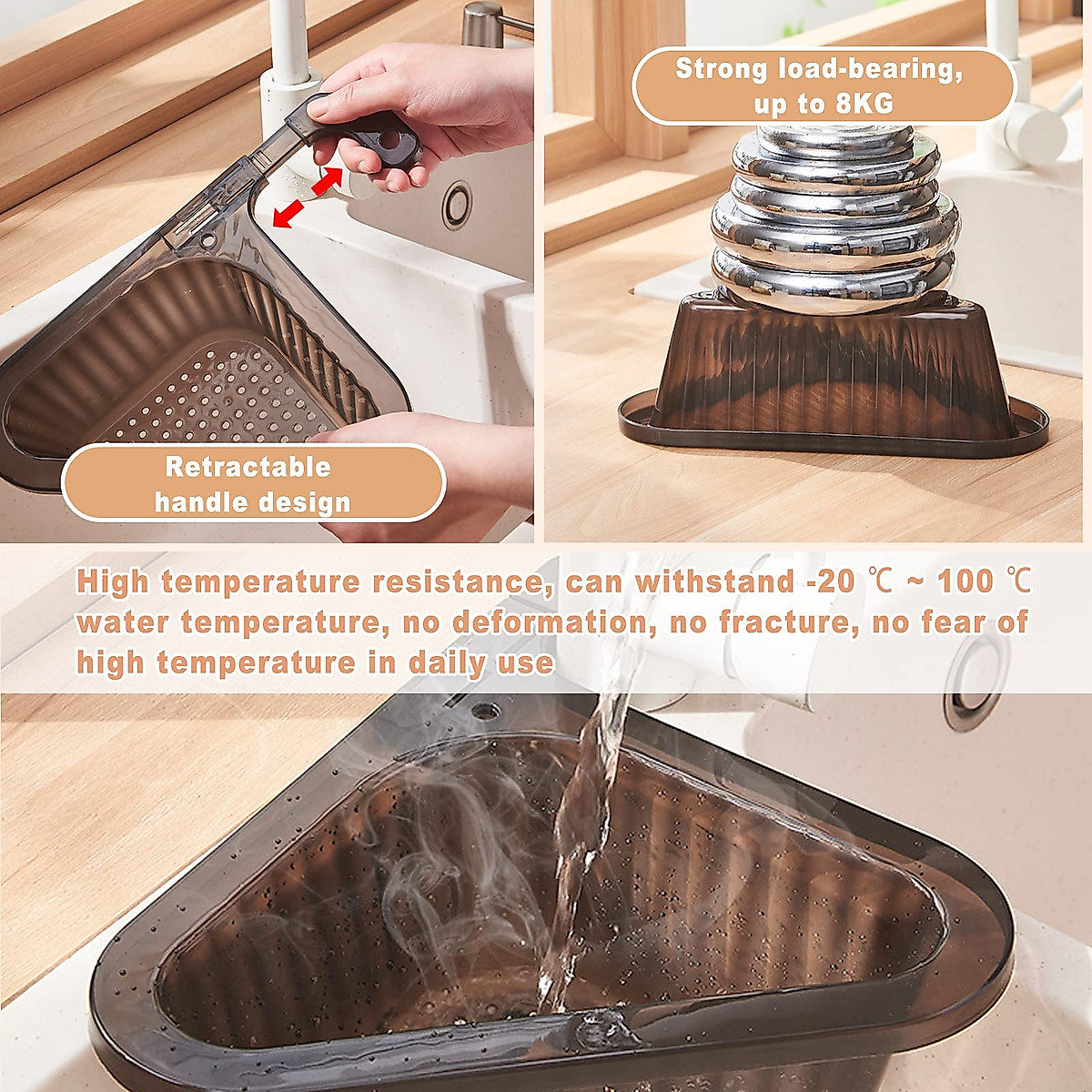 Kitchen Sink Drain Basket, Swan Basket Strainer Pack-3, Adjustable Kitchen Triangle Sink Filter with Sticky Hook and Cleaning Sponges Set of 3,for Kitchen Sink Faucet Hangs