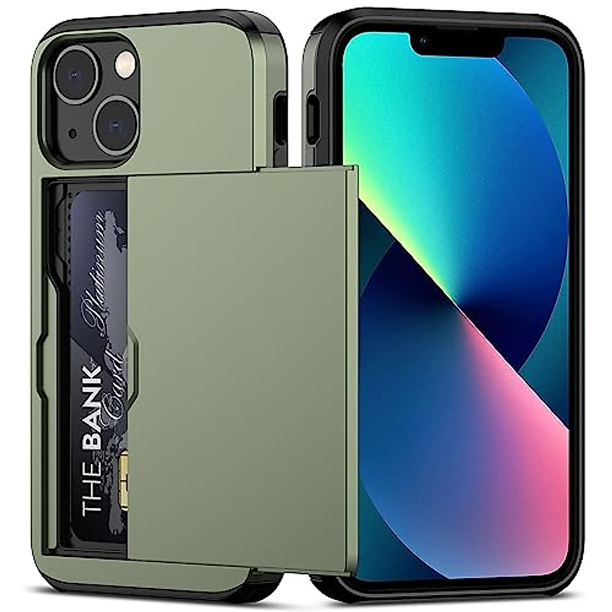 Nvollnoe for iPhone 13 Mini Case with Card Holder Heavy Duty Protective Dual Layer Shockproof Hidden Card Slot Slim Wallet Case for iPhone 13 Mini for Men&Women(Green)