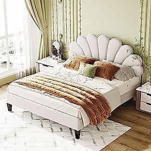 Livavege Queen Size Bed Frame with Headboard, Velvet Upholstered Platform Bed Modern Bedframe with Wood Slats Support Mattress Foundation for Kids, Teens, Adults, No Box Spring Needed, Cream White