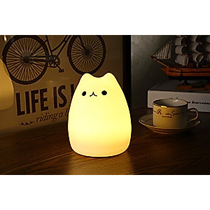 WoneNice Portable Cute Kitty Silicone Night Lamp,USB Rechargeable Children Night Light with Warm White & 7-Color Breathing Modes, Touch Sensor Control, Gift for Women Teen Girls Kids Toddler Baby