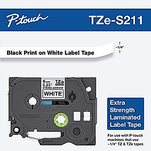 Brother Genuine P-touch TZE-S211 Tape, 1/4" (0.23") Wide Extra-Strength Adhesive Laminated Tape, Black on White, Laminated for Indoor or Outdoor Use, Water-Resistant,0.23" x 26.2' (6mm x 8M), TZE-S211