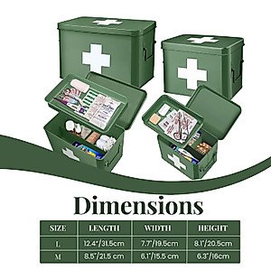 Flexzion First Aid Box Organizer Empty 13" Green Vintage First Aid Kit Tin Metal Medical Box - First Aid Storage Box Container Bins with Dividers, Removable Tray and White Cross Logo