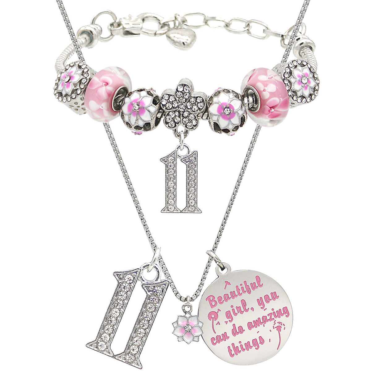 VeryMerryMakering 11th Birthday Gifts for Girls, Jewelry for Girls 11 Years Old, Girls 11th Birthday Bracelet, 11 Necklace Girls, 11th Birthday Jewelry, 11th Birthday Cherry Blossom Dandelion Jewelry