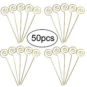 HOHIYA 50pc Floral Card Holder Pick Stick Wire Clip Place Photo Picture Centerpieces Memo Note Clamp Clay Cake Accessories Taiwan Made Gold 5 inch
