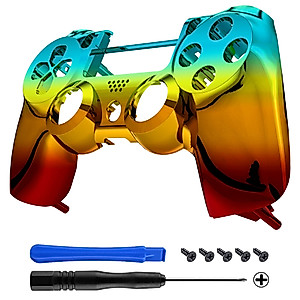 eXtremeRate Tri-Color Gradient Replacement Faceplate Cover, Chrome Cyan Gold Red Front Housing Shell Compatible with ps4 Pro Slim Controller CUH-ZCT2 JDM-040 JDM-050 JDM-055 - Controller NOT Included