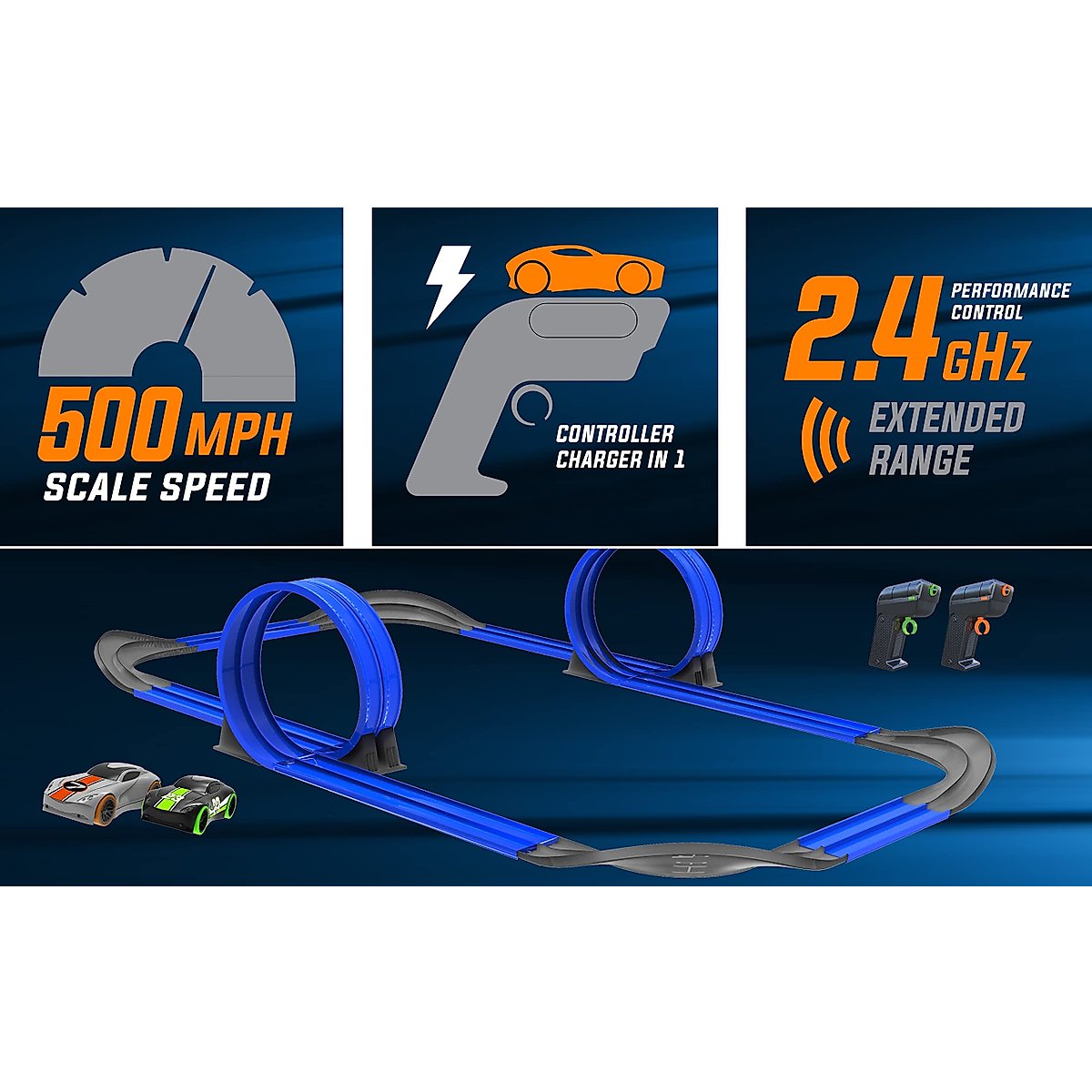 Tracer Racers 2.4 GHz Radio Control Remote Slot-less, Cordless Racing Super Loop Speedway Track Set with Two Cars