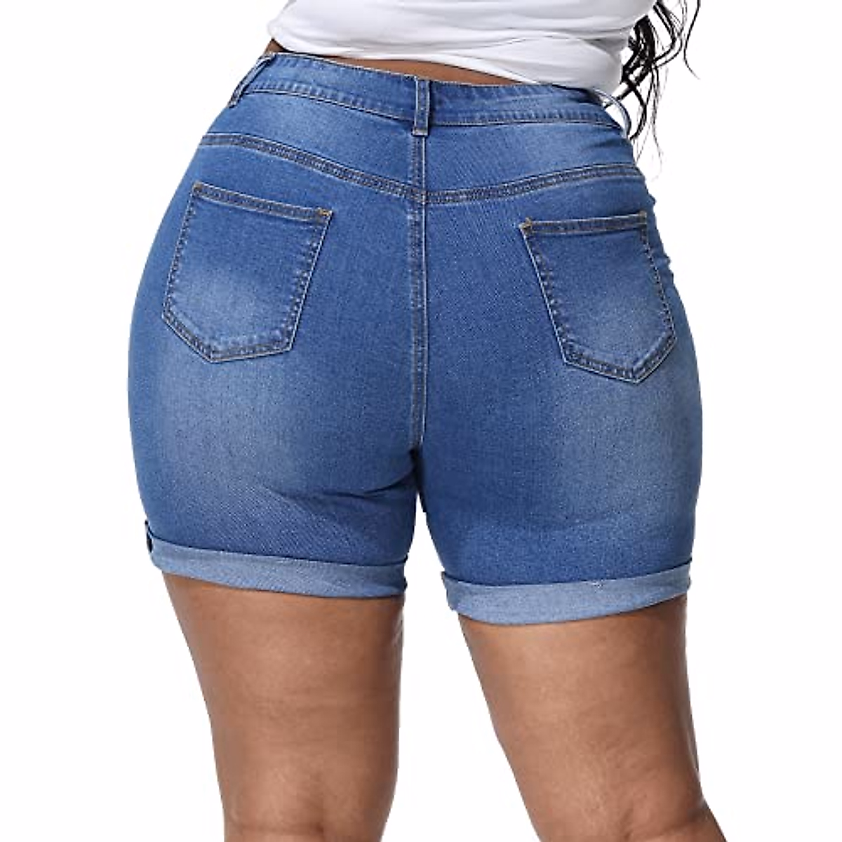 ALLEGRACE Women's Plus Size Denim Shorts High Waist Folded Hem Pockets Jeans Shorts Light Blue 16W