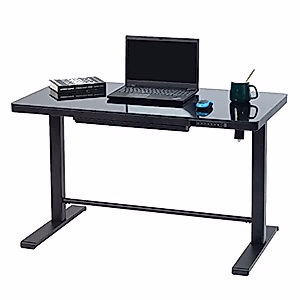 Lanxicat 46x24 Glass Electric Standing Home Office Desks Stand Up Desk Adjustable Height Desk with USB/Wireless Charging/Power Strip with Drawers (1Tempered Glass Top, Black Frame, 46x24)